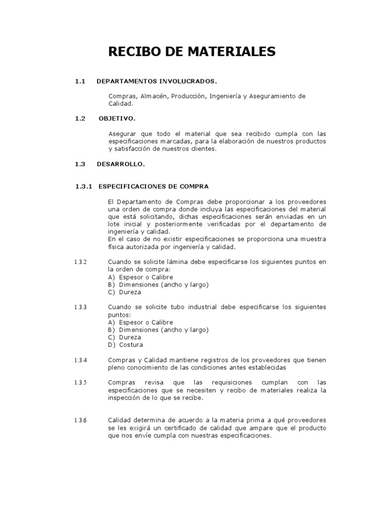 Procedimiento Recibo de Materiales | Sistema de manejo de calidad