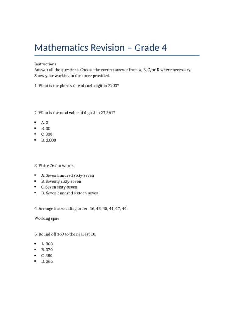 Grade 4 Math Revision | PDF