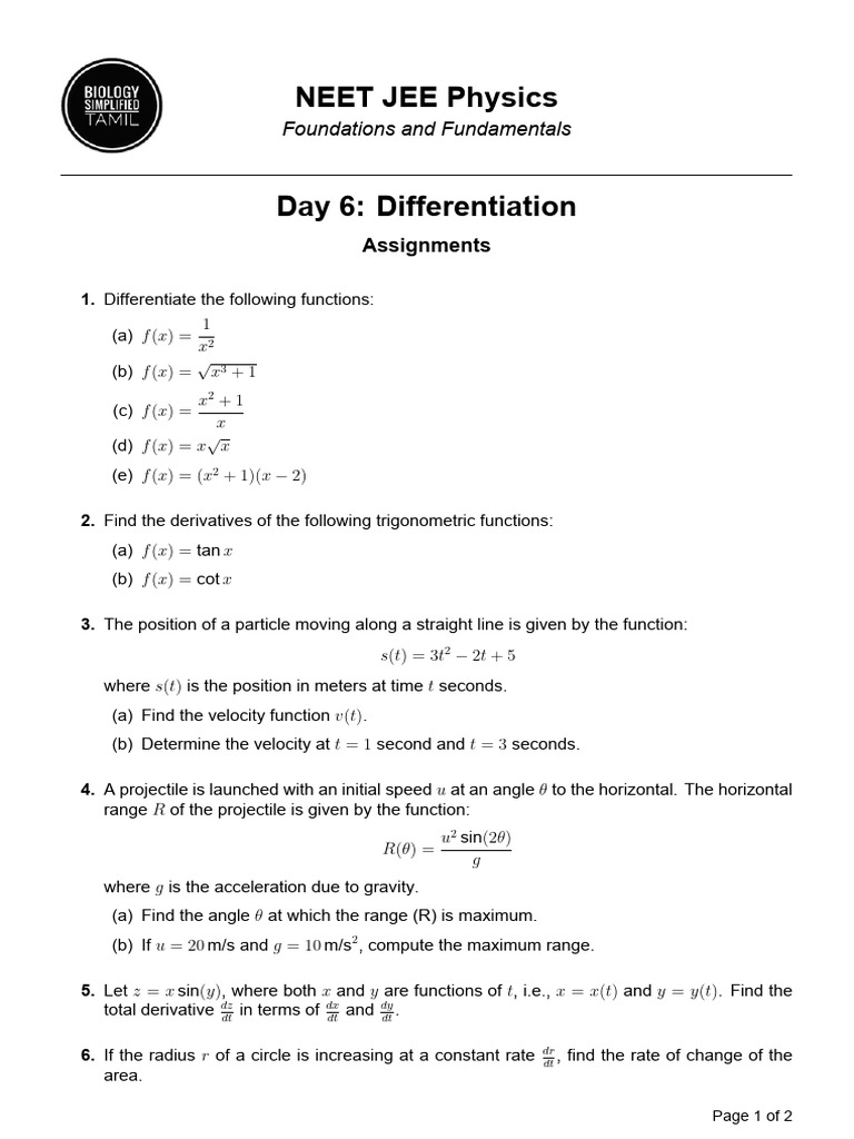 Day 6 - Differentiation Assignment Questions | PDF | Acceleration | Trigonometric Functions