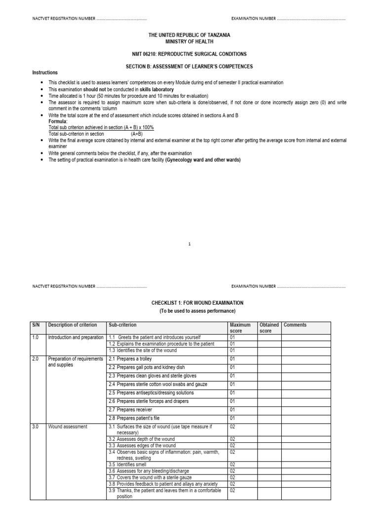 Checklist 1 - Wound Examination | PDF | Wound | Clinical Medicine