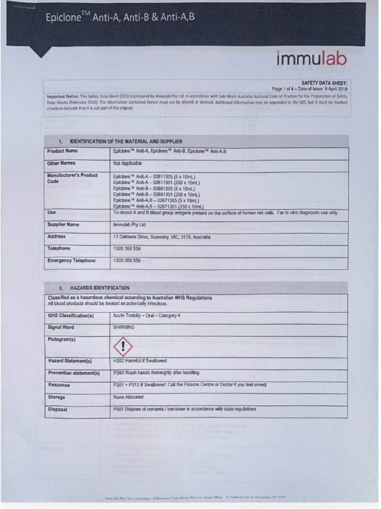 Msds Abo Typing Sera Epiclone | PDF
