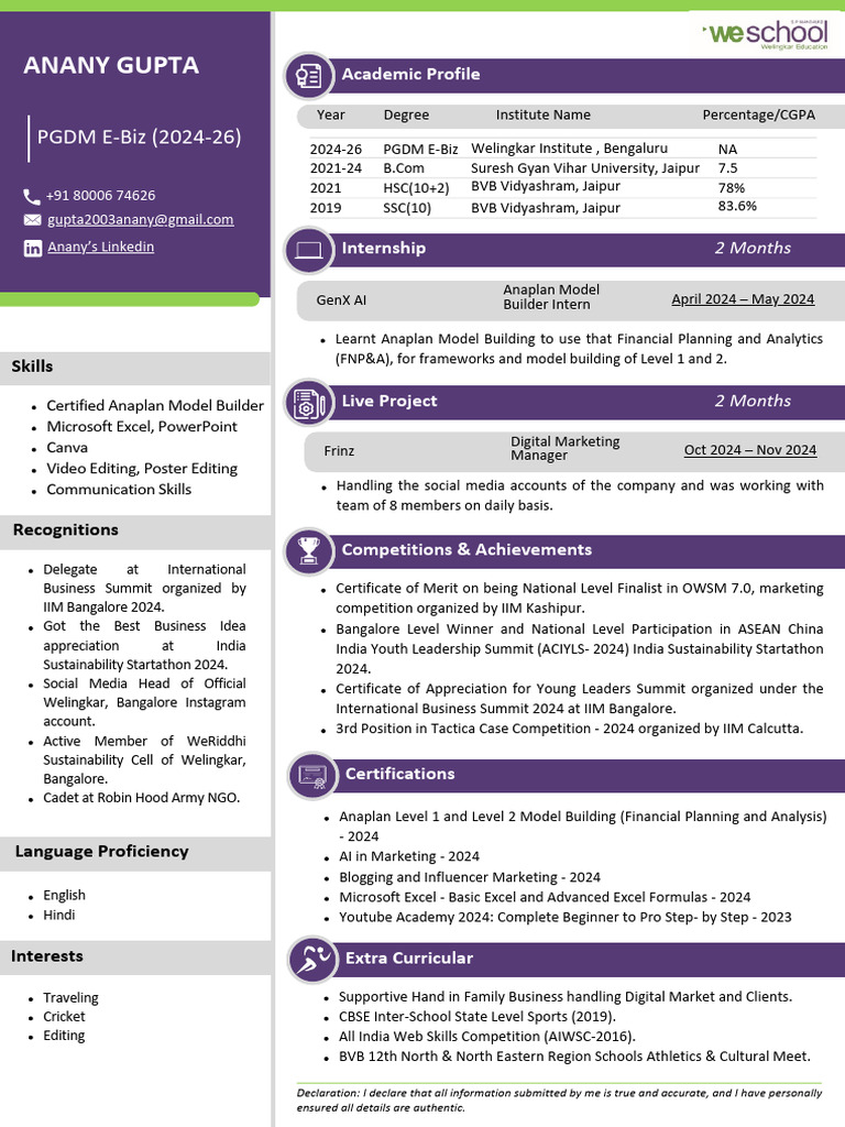 Anany Gupta - CV-1 Template For Sap Roles | PDF