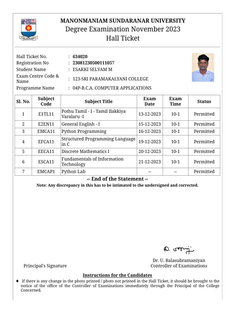 Degree Examination November 2023 - HallTicket | PDF