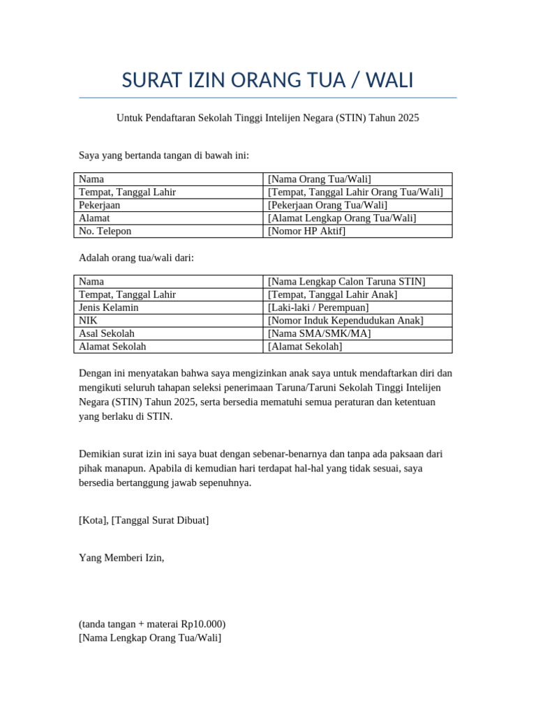 Surat Izin Orang Tua STIN 2025 | PDF
