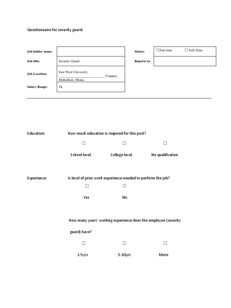 Questionnaire For Security Guard | PDF