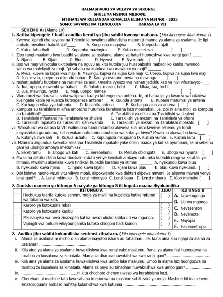 Gayo Sayansi STD Vii-Jun 2025.sikonge | PDF