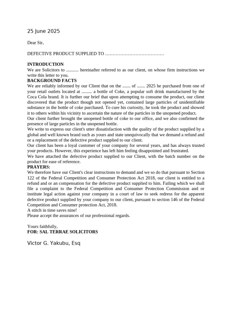 Draft Letter To Coca Cola For Defective Product | PDF