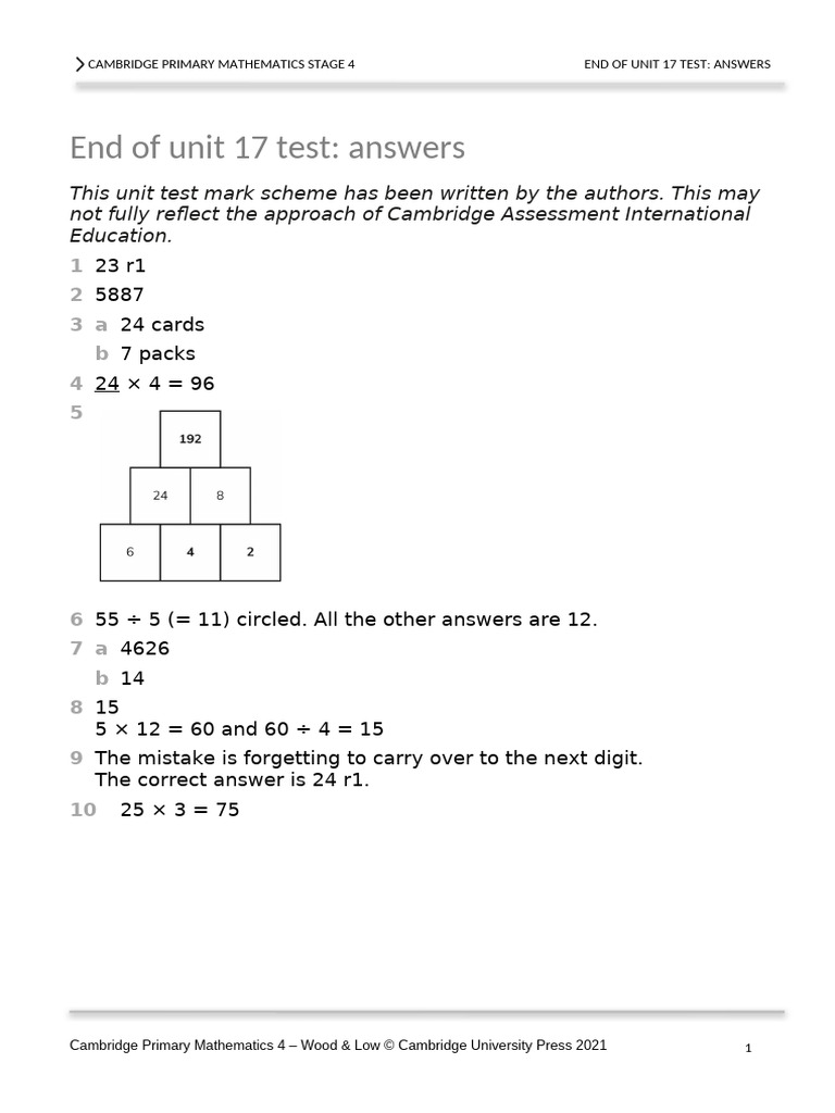 Prim Maths 4 2ed TR Unit Test Answers 17 | PDF
