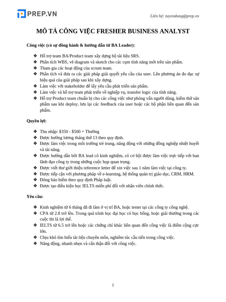 JD Fresher Business Analyst | PDF