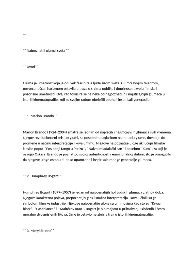 Semnarski Rad Najpoznatiji Glumci Sveta | PDF