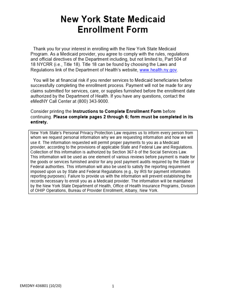 New York Medicaid Enrollment Form EMEDNY-436801 | PDF | Medicaid | Crimes