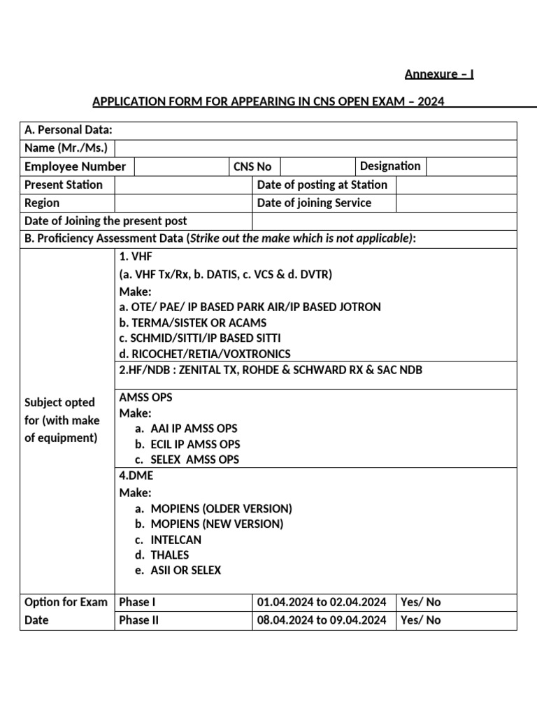 Annexure I Revised Application Form For Appearing in CNS OPEN EXAM-2024 ...
