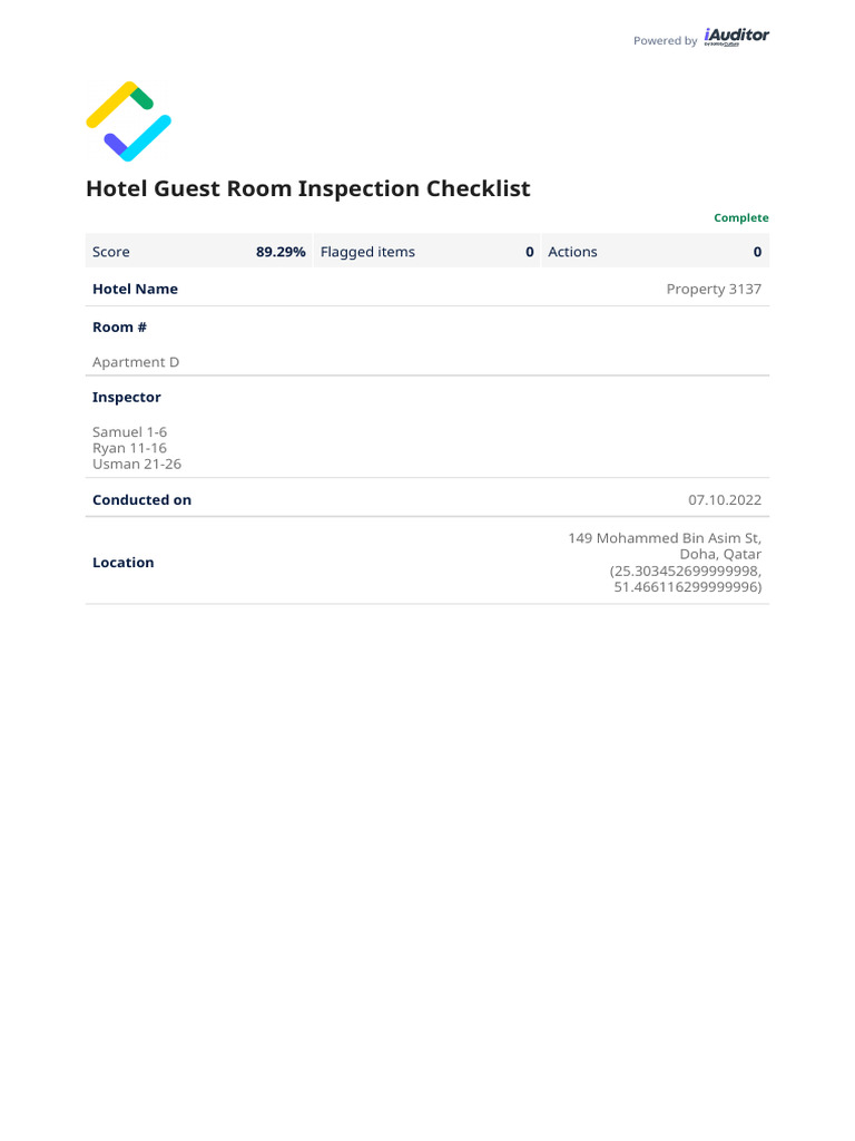 Hotel Guest Room Inspection Checklist | PDF | Bathroom | Home