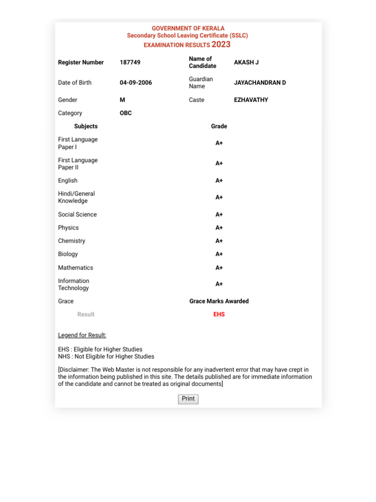 SSLC Exam Results 2023 for Akash J | PDF