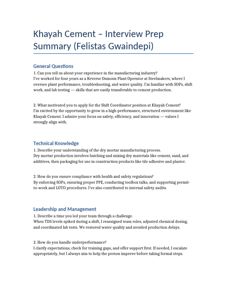 Khayah Cement Interview Prep Summary | PDF