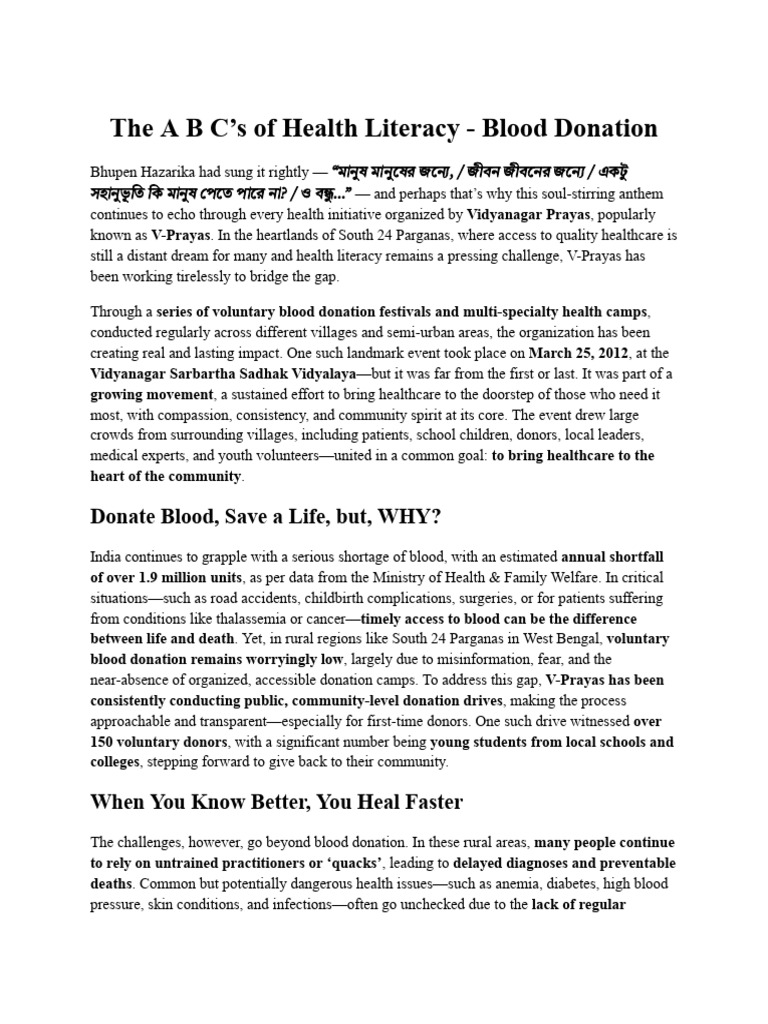 The A B C's of Health Literacy - Blood Donation | PDF | Blood Donation ...