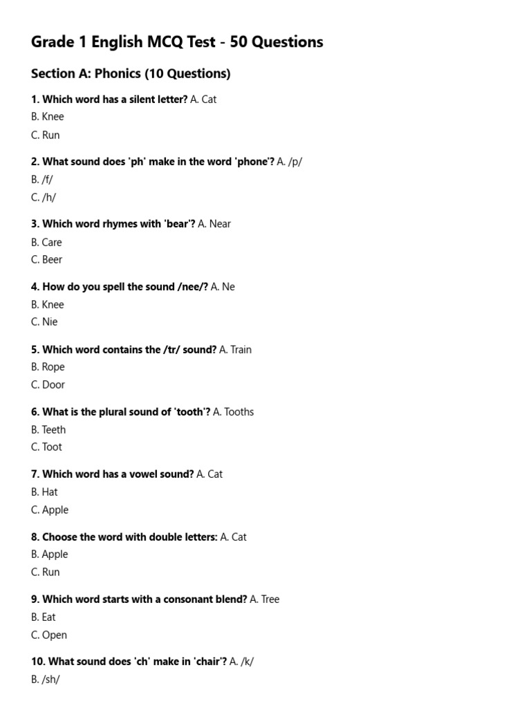 Grade 1 English MCQ Assessment | PDF | Languages | Foreign Language Studies
