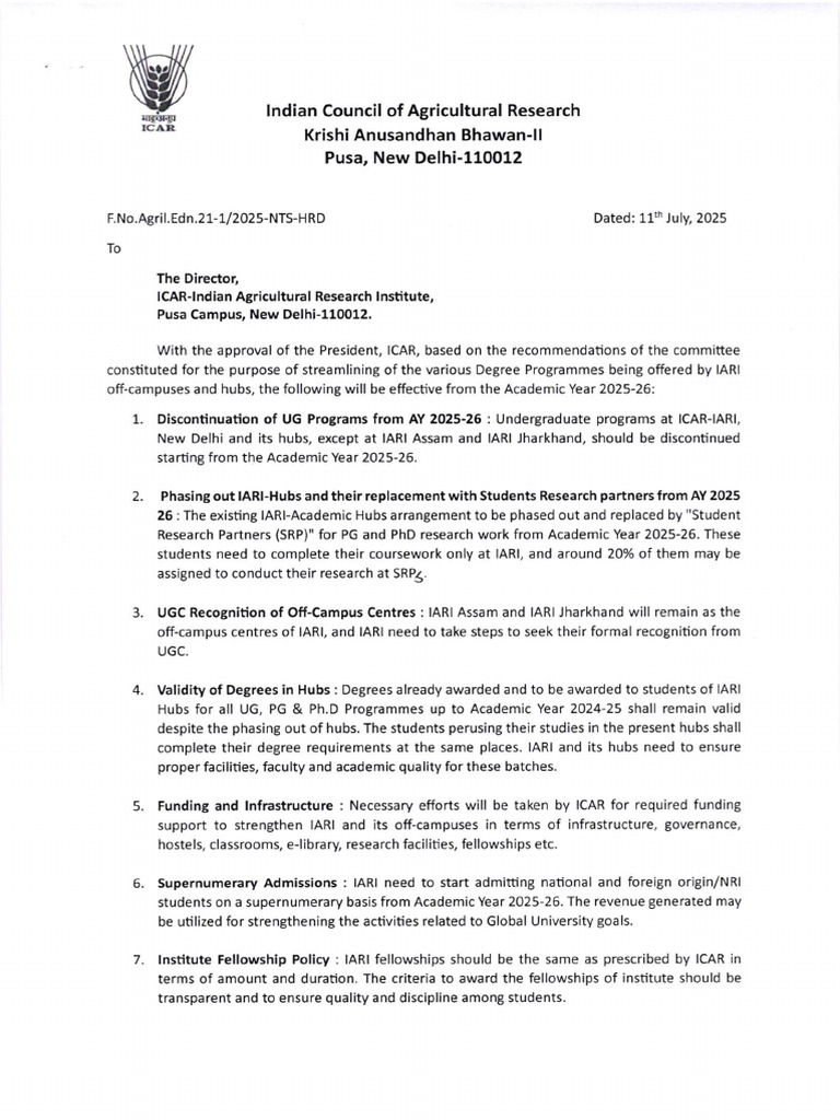 Discontinuation of IARI UG Programs 2025 | PDF