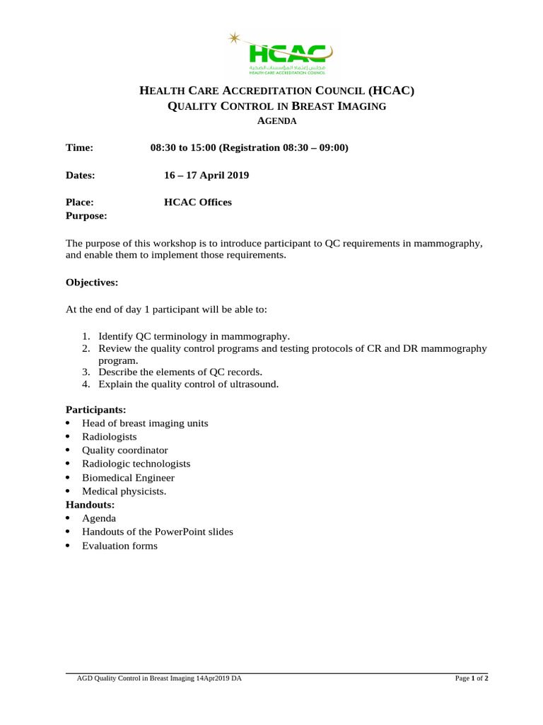 AGD Quality Control in Breast Imaging 14apr2019 DA | PDF | Mammography | Medical Physics