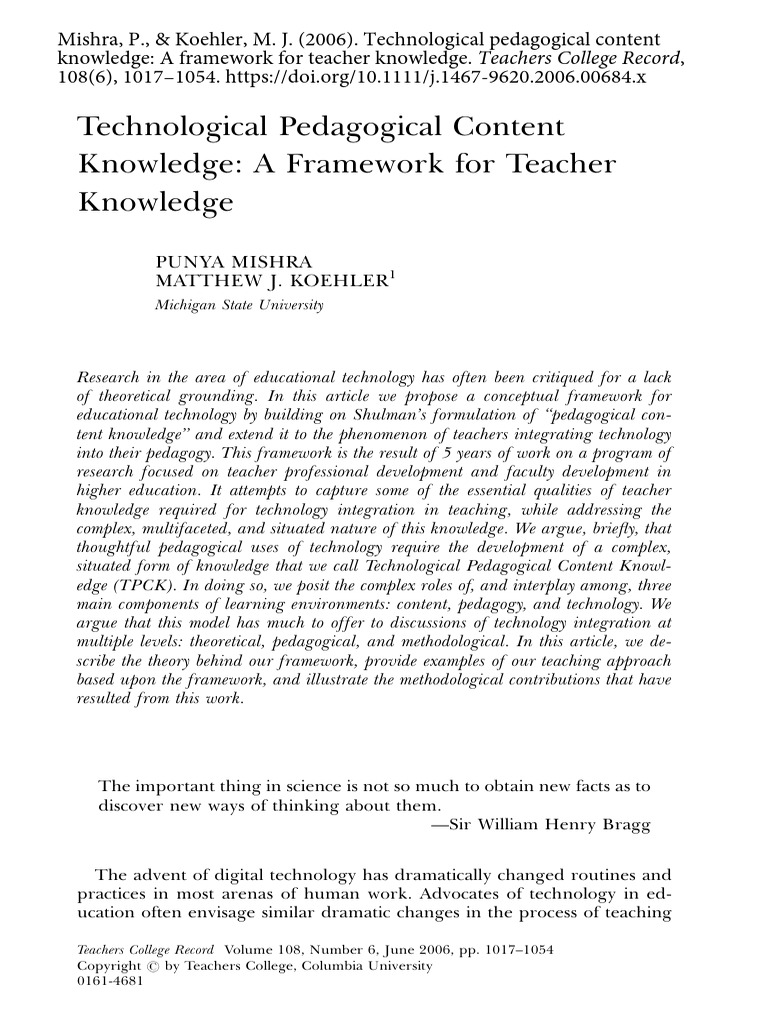 Mishra, Koehler - 2006 - TPCK Framework | PDF | Pedagogy | Knowledge