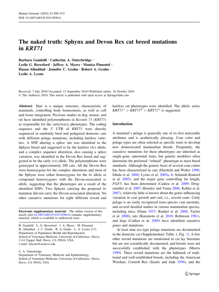 KRT71 Mutations in Sphynx & Devon Rex Cats | PDF | Intron | Rna Splicing