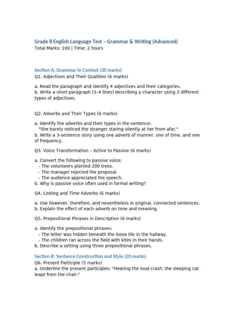 Grade 8 English Grammar Test & Answers | PDF | Adverb | English Grammar