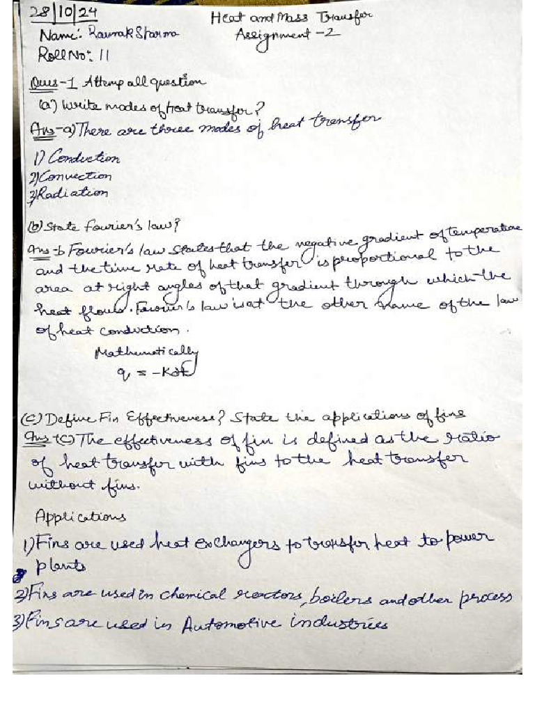 Raunak Sharma Roll No 11 HMT Assignment 2 - Compressed | PDF