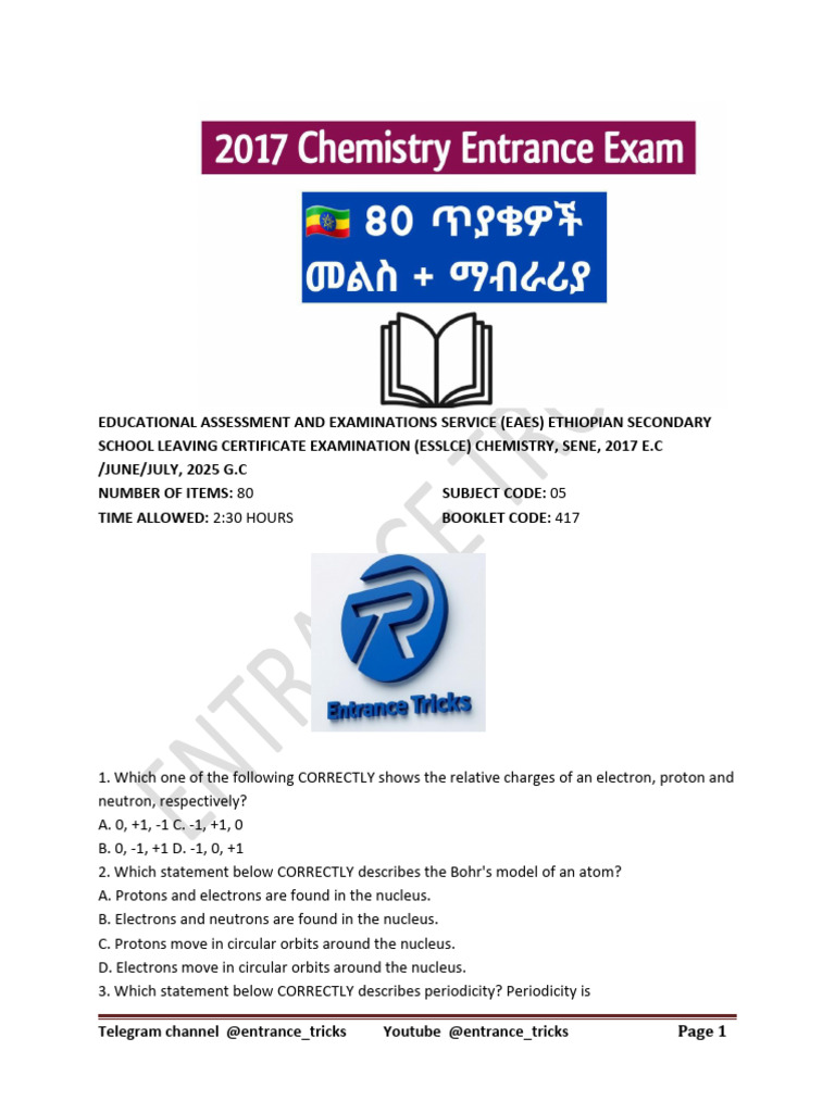 2017 Ethiopian Chemistry Exam Questions | PDF | Chemical Bond ...