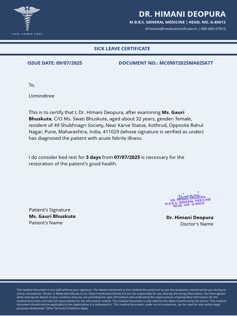 Sick Leave Certificate - MC09072025MA025677 | PDF