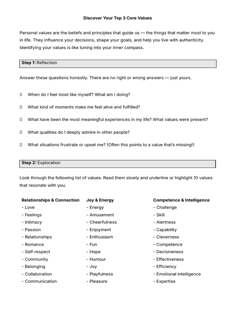 Identify Your Top 3 Core Values | PDF | Courage | Psychology