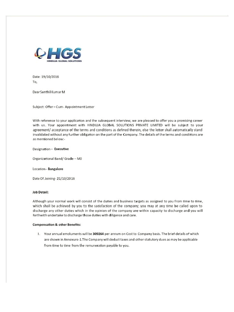 Offer Letter in HGS | PDF