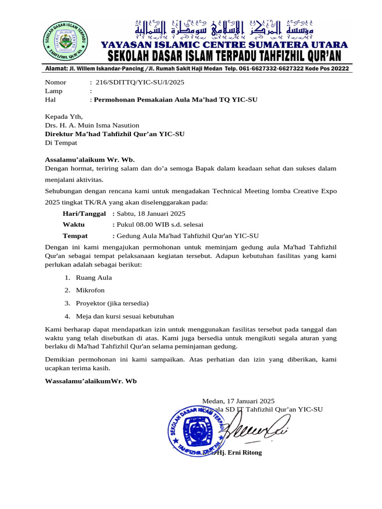 Surat Peminjaman Aula Ma'had | PDF