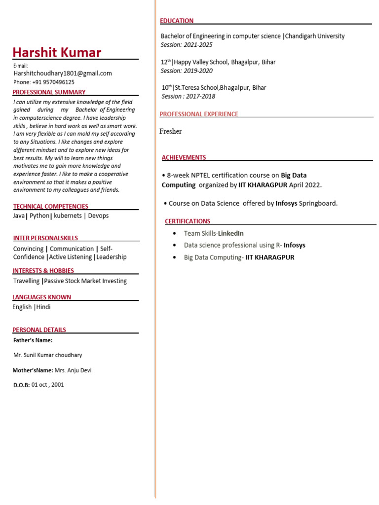 Harshit Kumar: Fresher | PDF