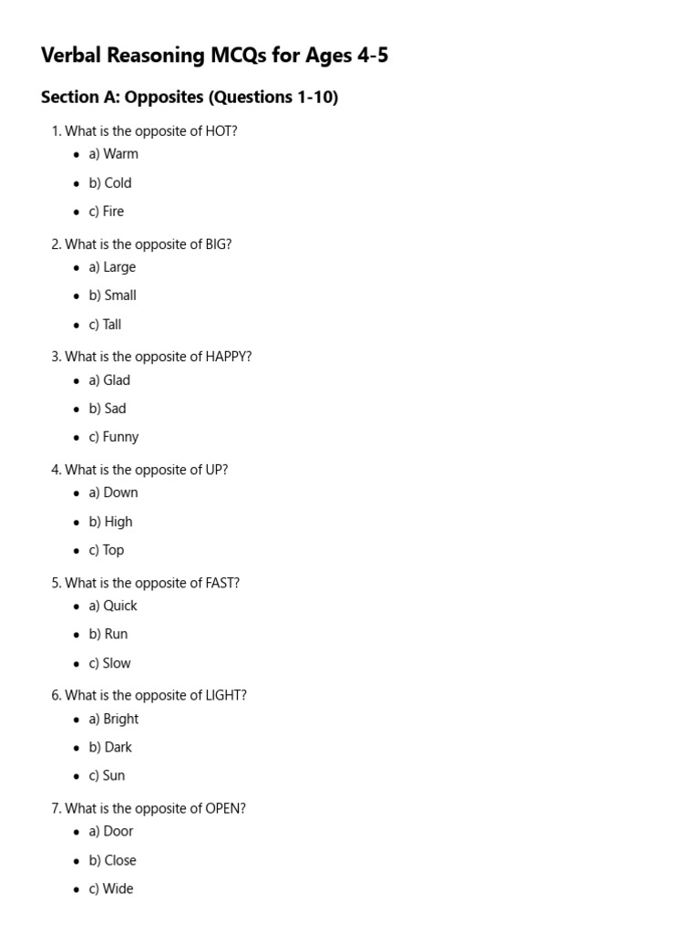 Verbal Reasoning MCQs For Ages 4-5 (Reorganized) | PDF