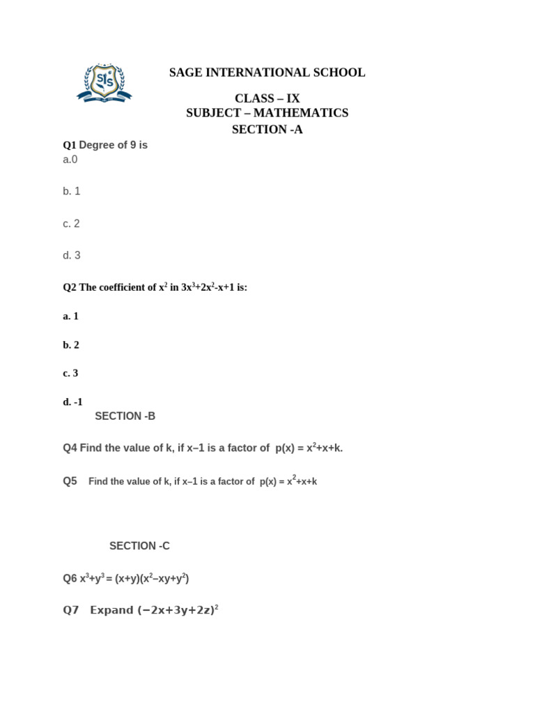 Class IX Maths Work Sheet | PDF