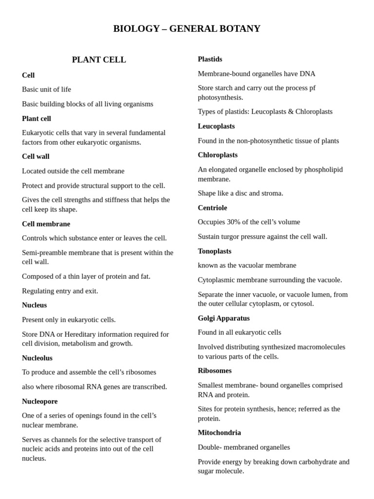 BIOLOGY - Gen Botany Reviewer | PDF | Tissue (Biology) | Cell (Biology)