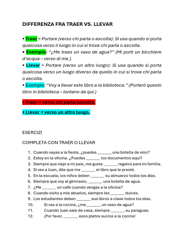 Esercizi Traer e Llevar | PDF