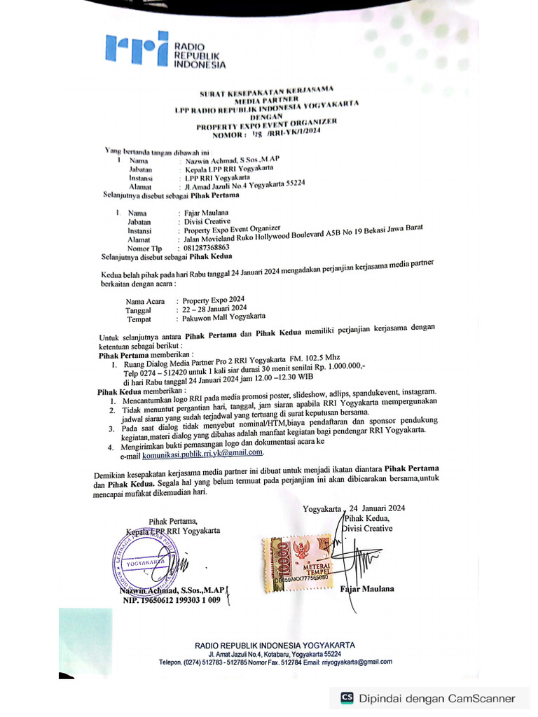 Contoh Surat Kerja Sama Dari Rri | PDF