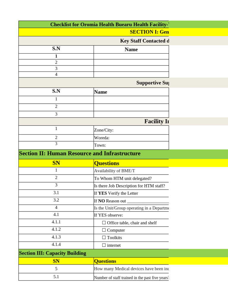 Oromia Health Facility Checklist | PDF | Medical Device