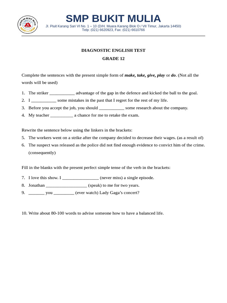 DIAGNOSTIC ENGLISH TEST Gr. 12 | PDF