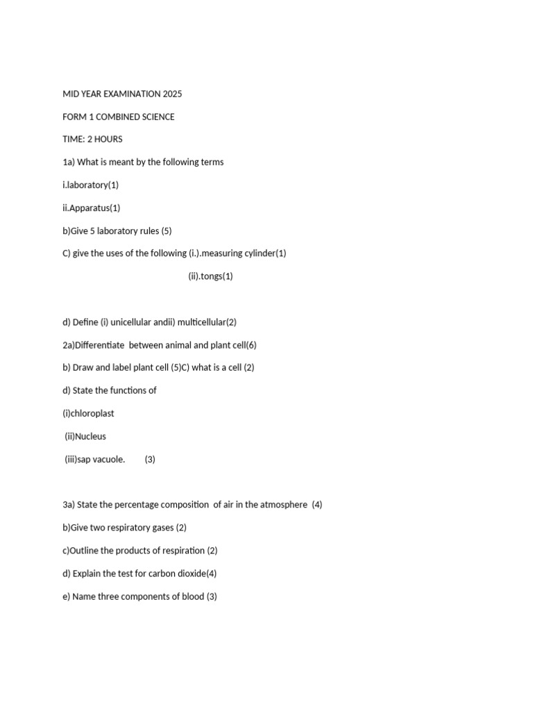 Form 1 Combined Science Exam 2025 | PDF