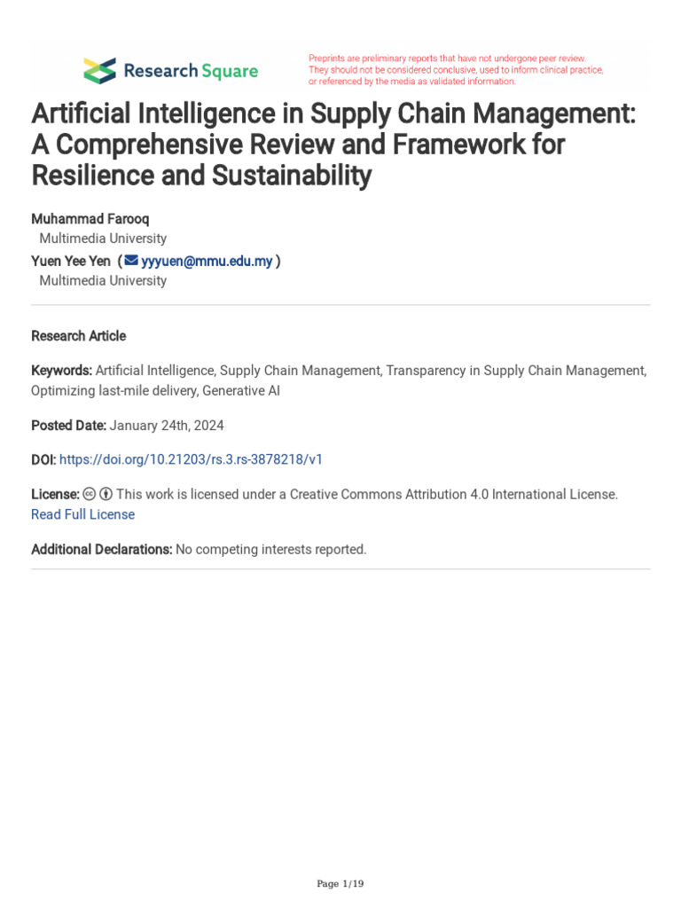 Arti Cial Intelligence in Supply Chain Management: A Comprehensive ...