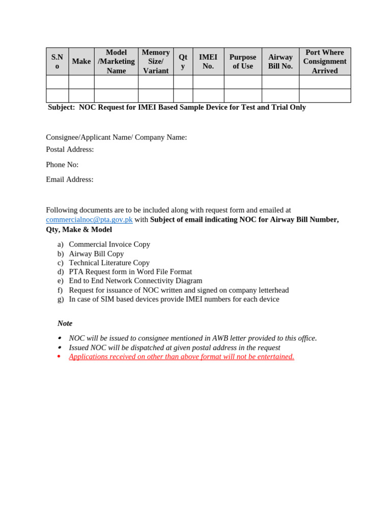 NOC Request Process for IMEI Devices | PDF