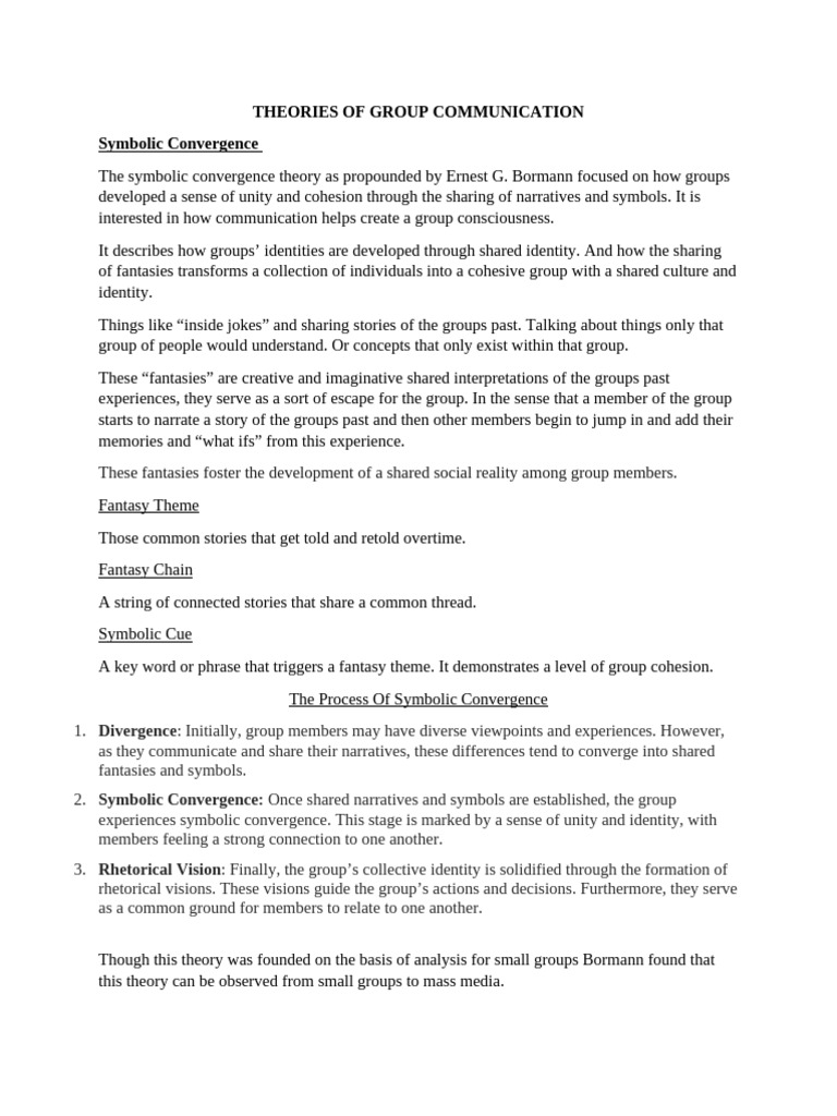 THEORIES OF GROUP COMMUNICATION (Symbolic Convergence) | PDF | Human ...