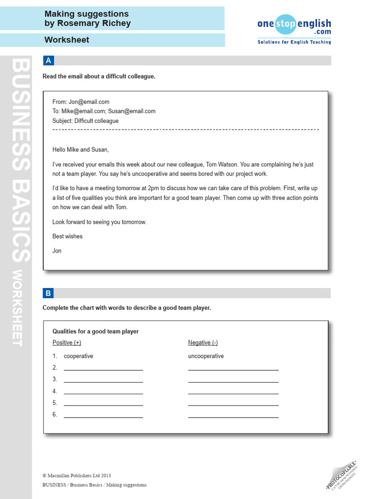 Team Player Suggestions Worksheet | PDF