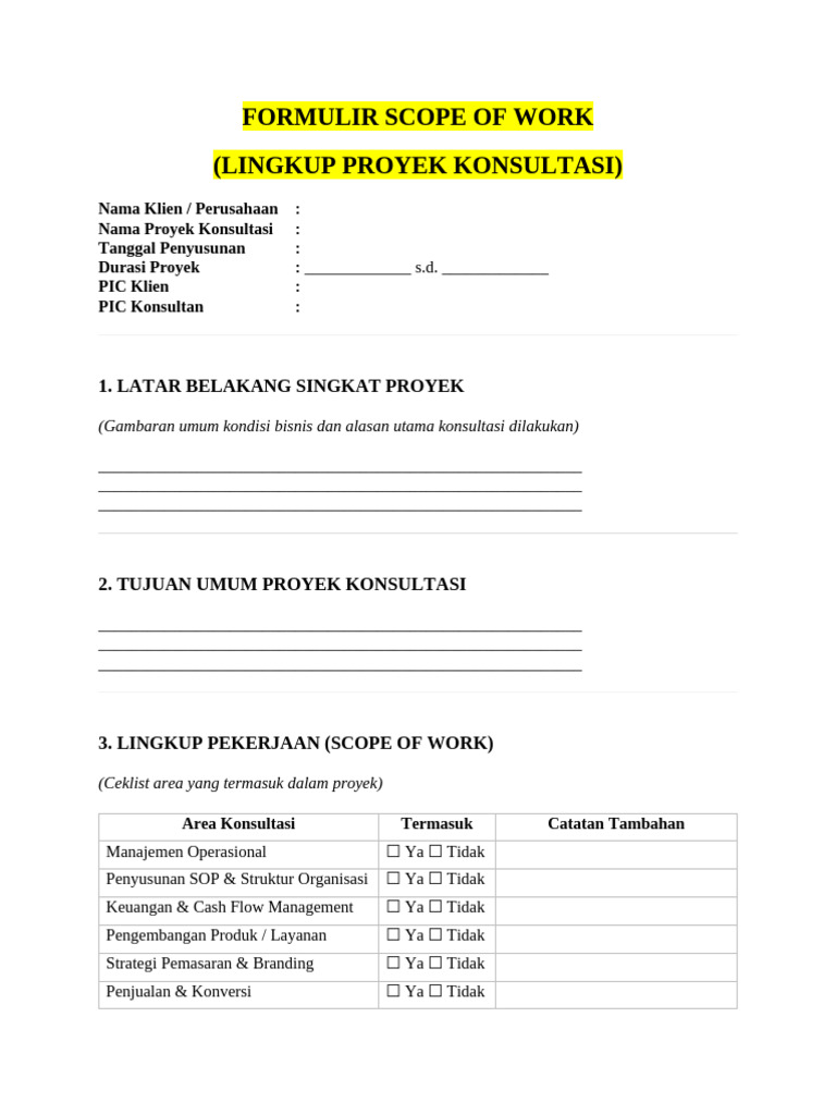 Formulir Scope of Work (Lingkup Proyek Konsultasi) | PDF