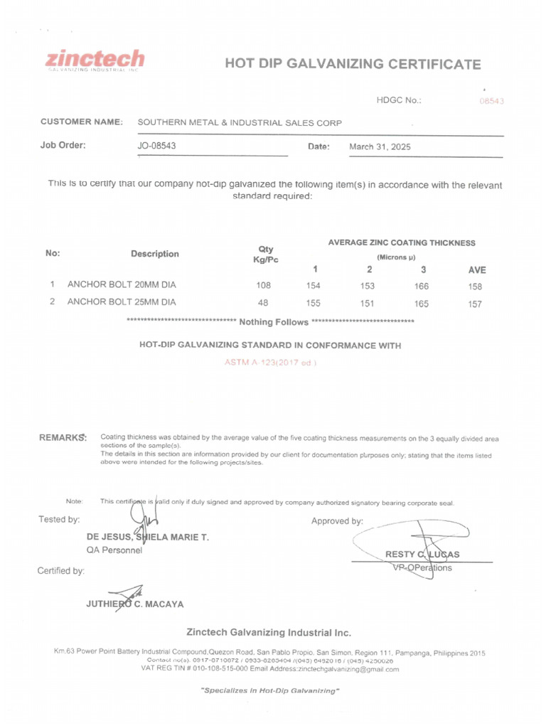 20mm Dia HDG Cert | PDF