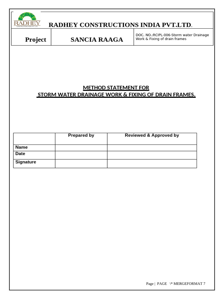 Storm Water Drainage Method Statement | PDF | Drainage | Quality Assurance