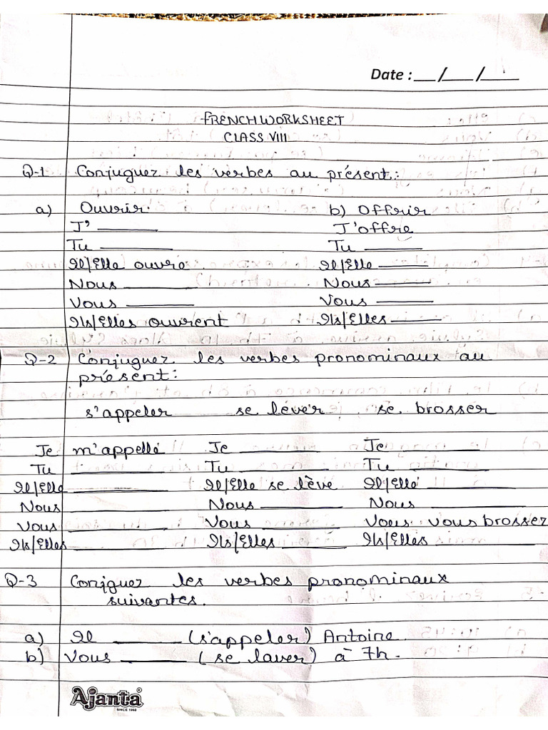 French Worksheet - 2 (Class-8) | PDF