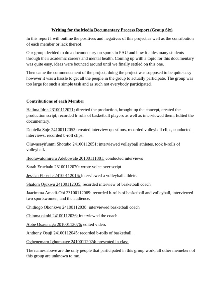 Writing For The Media Documentary Process Report | PDF
